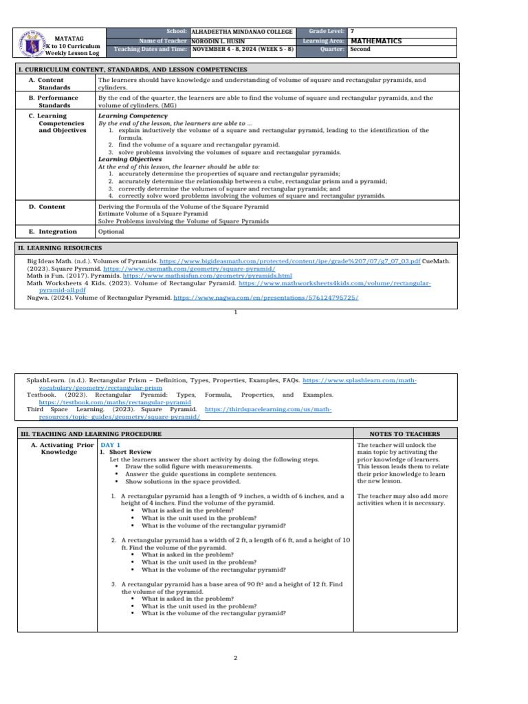 DLL Matatag - Mathematics 7 Q2 W6 | PDF | Rectangle | Volume
