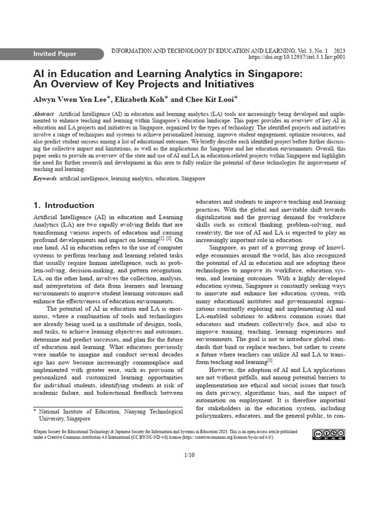 AI in Education and Learning Analytics in Singapore An Overview of Key Projects and Initiatives ...