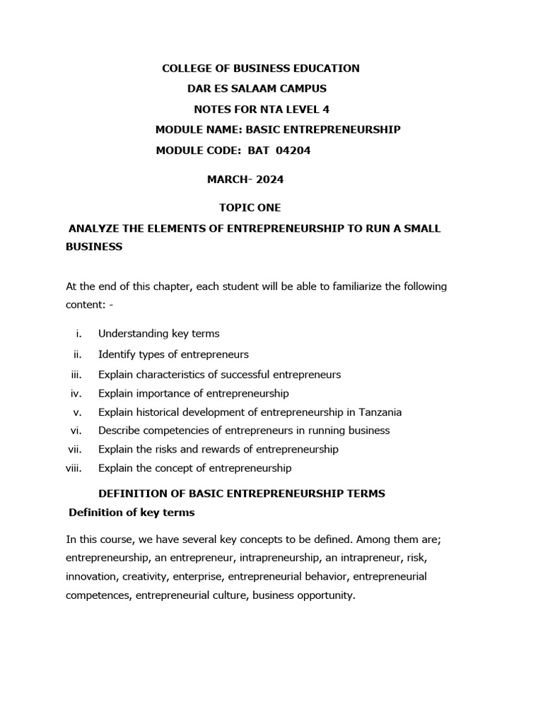 Notes Basics of Entrepre 2024 Bat 04204-1 | PDF | Entrepreneurship | Risk