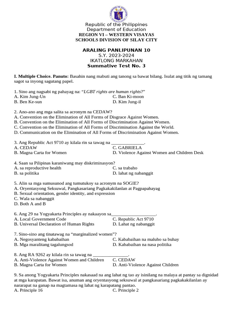 3rd Quarter Summative Test No. 3 1 | PDF