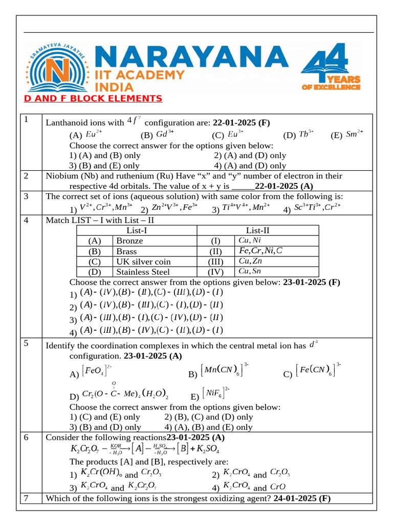 D and F Block Elements Study Guide | PDF | Metallic Elements | Metals