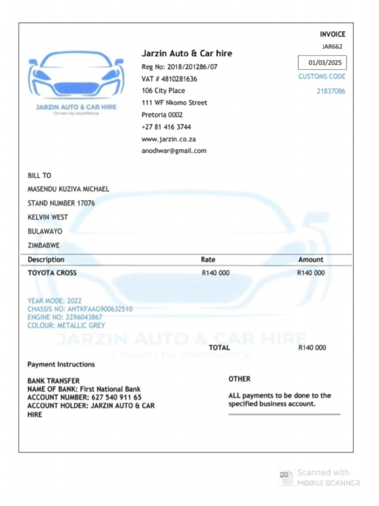 MASENDE KUZIVA MICHAEL EXPORT DOCS TOYOTA CROSS | PDF
