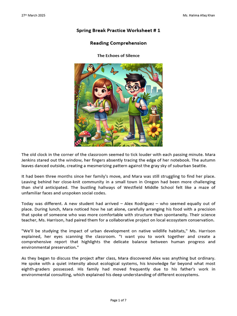 Spring Break Practice Worksheet # 1 Reading Comprehension: The Echoes ...