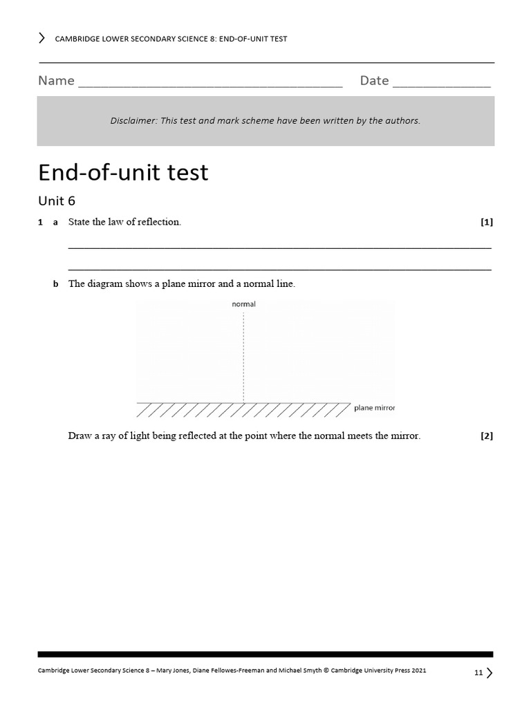 Cambridge Science 8 Unit 6 Test | PDF | Light | Solar System