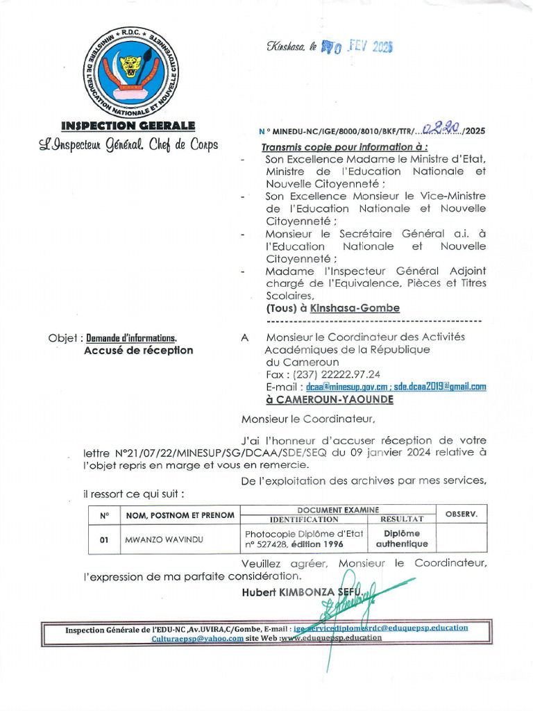 Authentification Cameroun Dos. Mwanzo | PDF