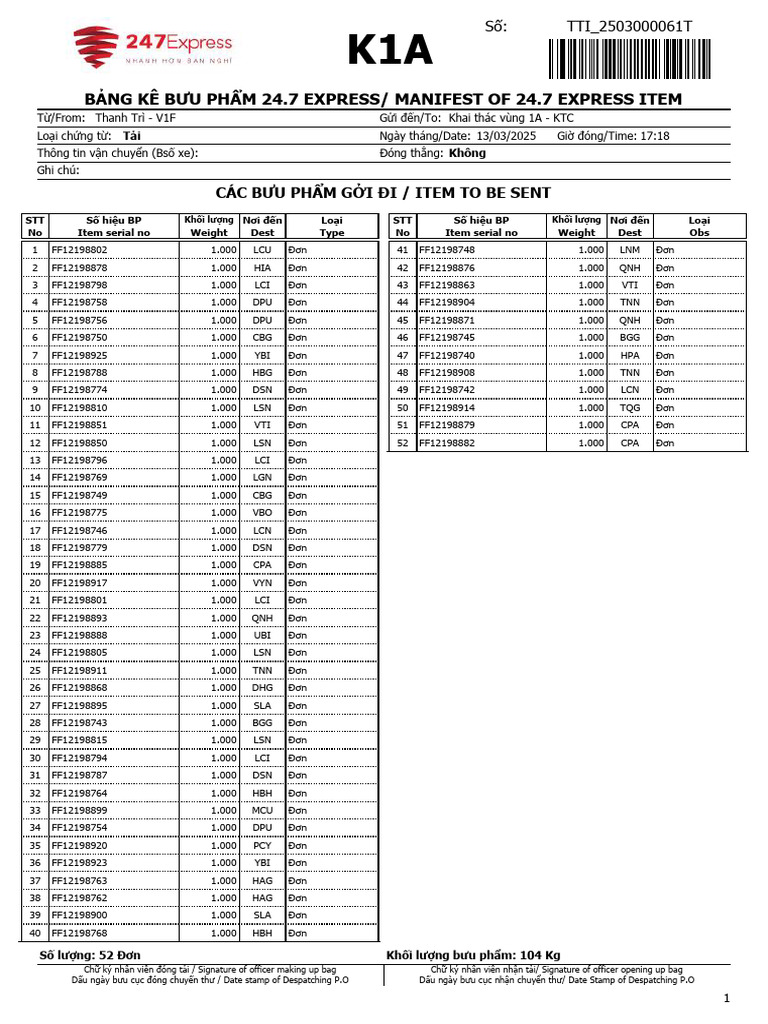 In bảng kê TTI - 2503000061T | PDF