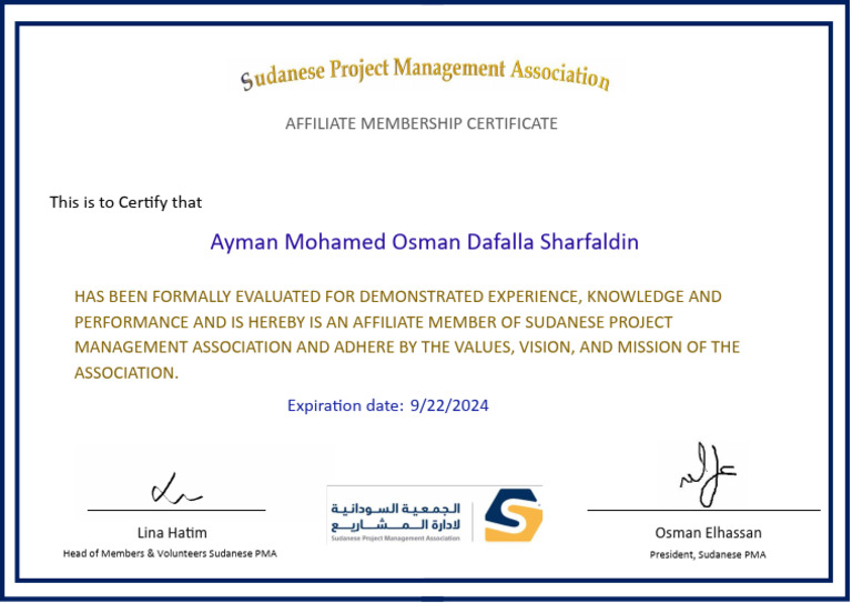 Ayman Mohamed Osman Dafalla Sharfaldin Affiliate Certificate | PDF