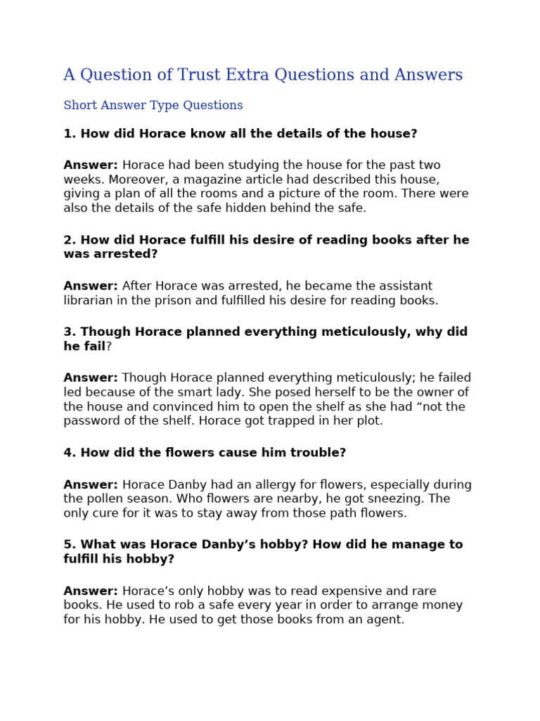 A Question of Trust Extra Questions and Answers | PDF