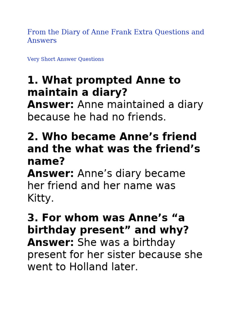 From The Diary of Anne Frank Extra Questions and Answers | PDF | Anne Frank | Ghosts