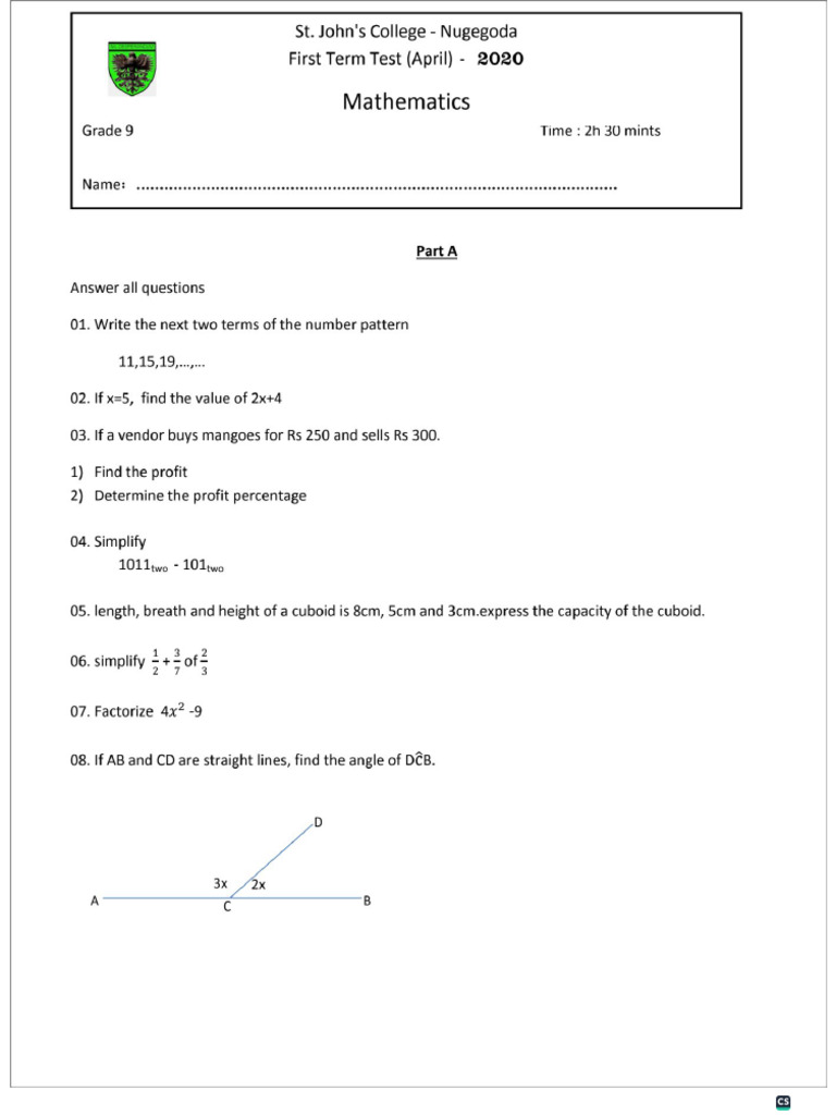 2020 Grade 09 Maths First Term Paper English Medium St. Johns College | PDF