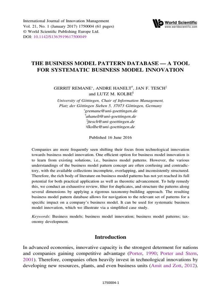 Remane Et Al. 2017 - The Business Model Pattern Database 01 | PDF | Business Model | Innovation