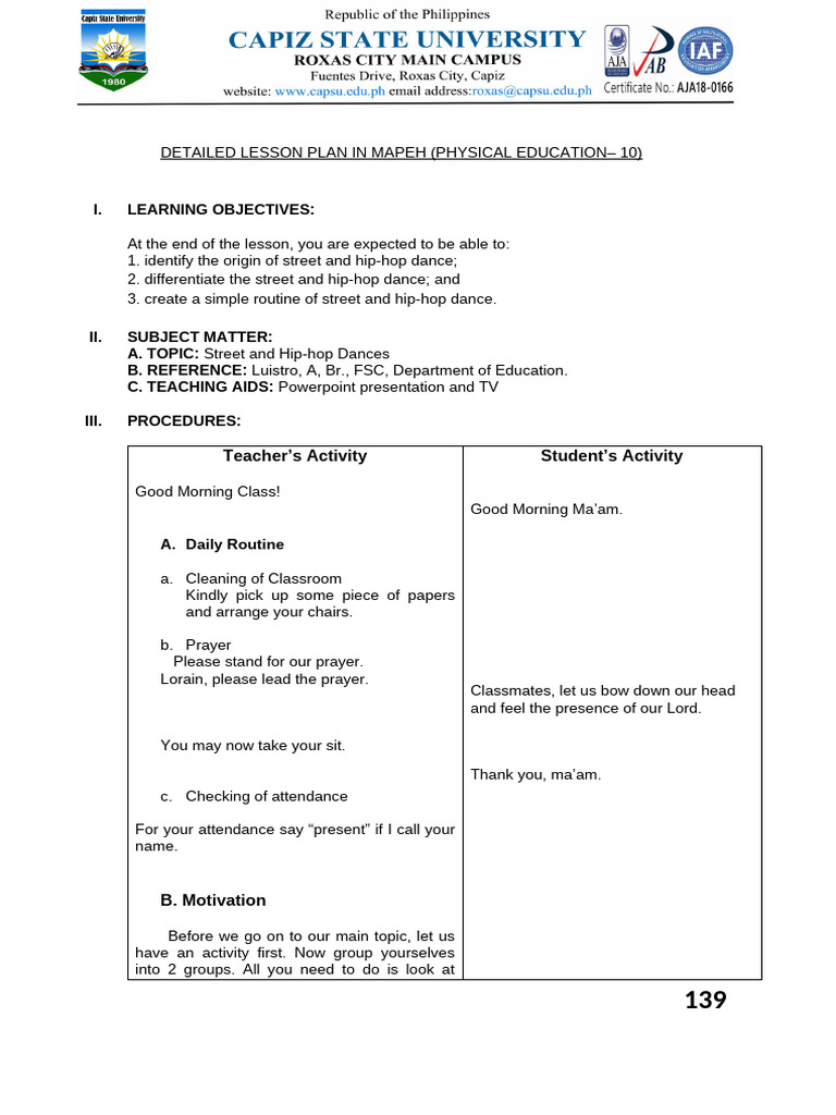 Week-2-P.E-Lesson-Plan-3rd Quarter | PDF | Hip Hop Music | Dances