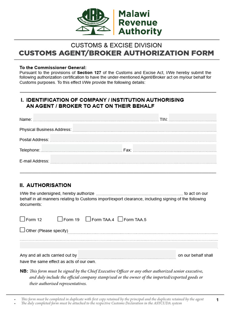 Malawi Customs Agent Broker Authorization Form | PDF | Customs | Government