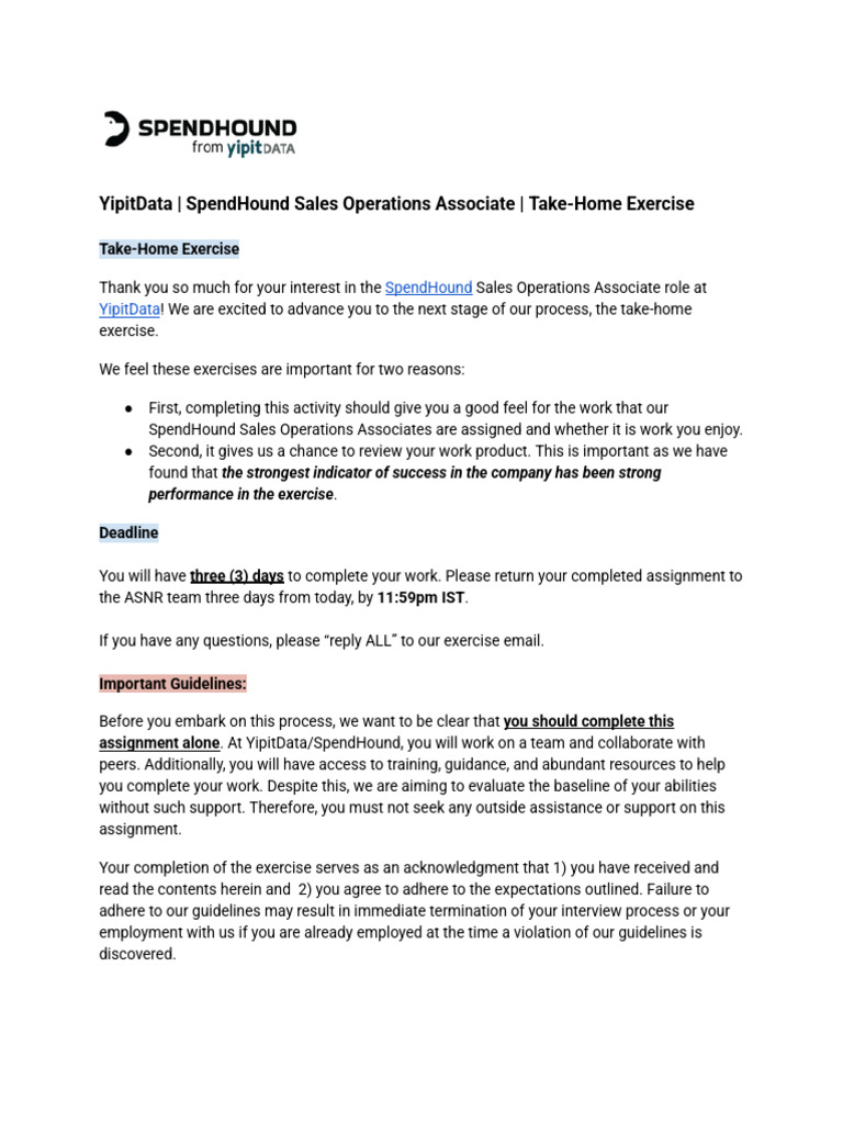 YipitData SpendHound Sales Operations Associate Take-Home Exercise Instructions | PDF | Business