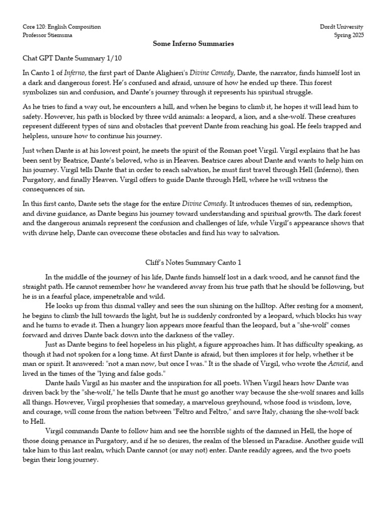 Canto 1 Summary of Dante's Inferno | PDF | Divine Comedy | Dante Alighieri