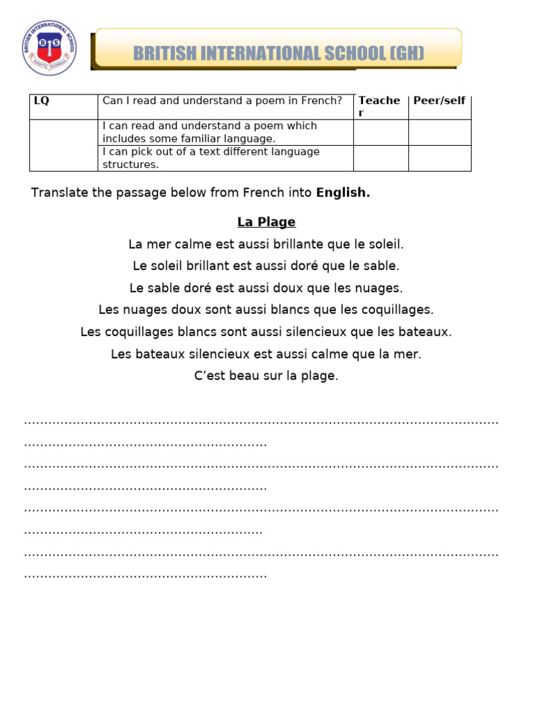 French Yr 5 Class Poem Worksheet (Week 9) | PDF