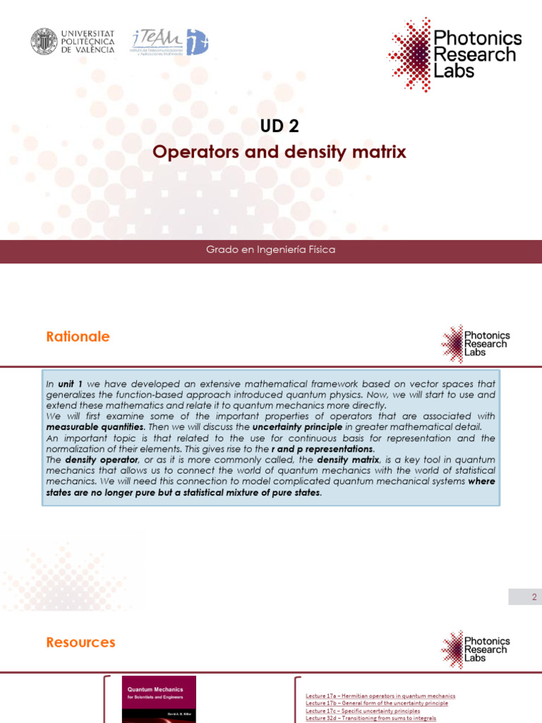 UD2 Operators and Density Matrix | PDF | Physics | Mathematical Analysis