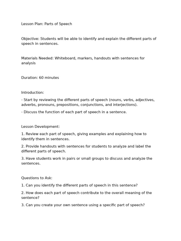 Parts of Speech Lesson Plan Guide | PDF