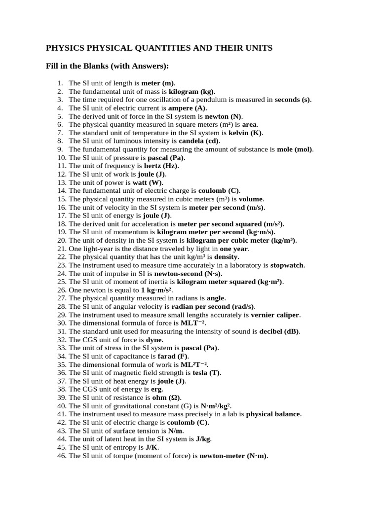 PHYSICS PHYSICAL QUANTITIES AND THEIR UNITS | PDF | International ...