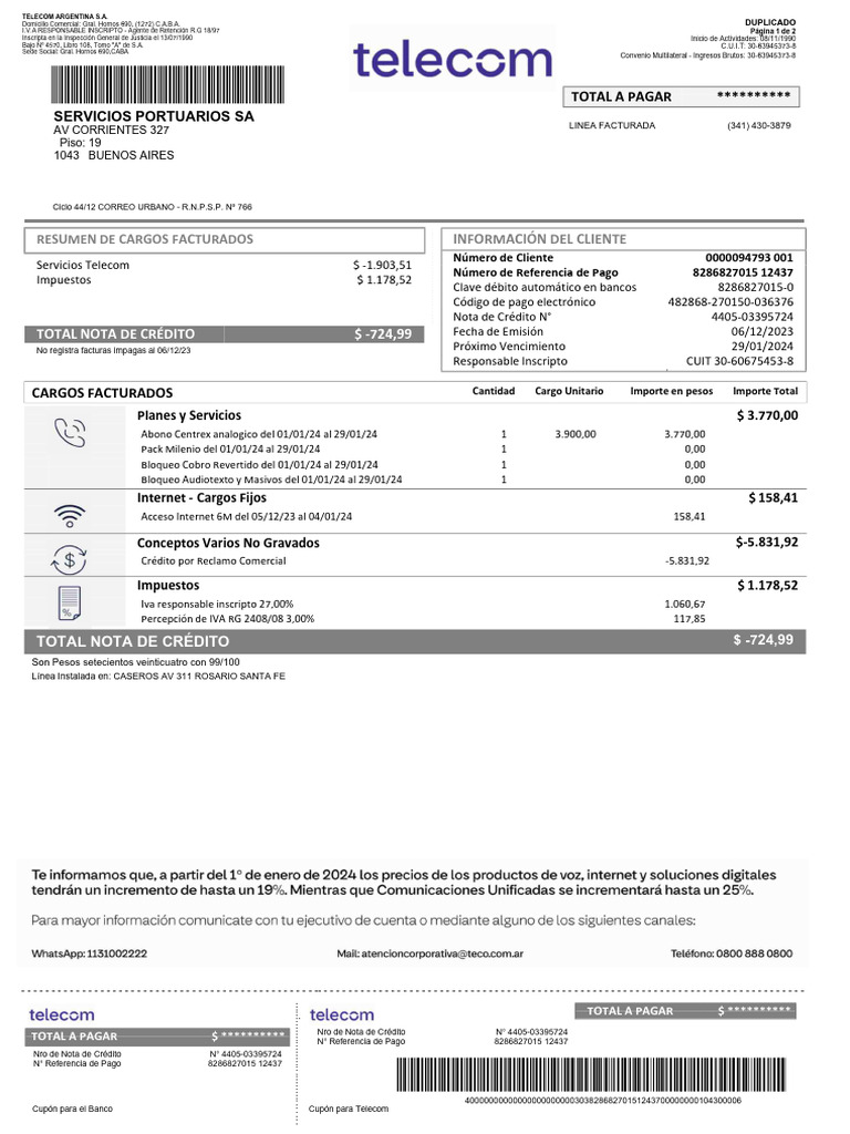 Factura y Nota de Crédito Telecom Argentina | PDF | Bancario | Dinero