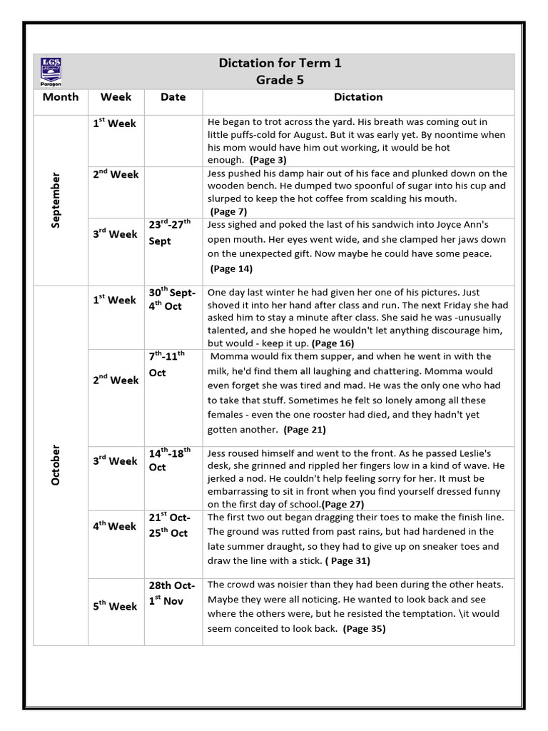 Grade 5 Dictation - 1st Term | PDF