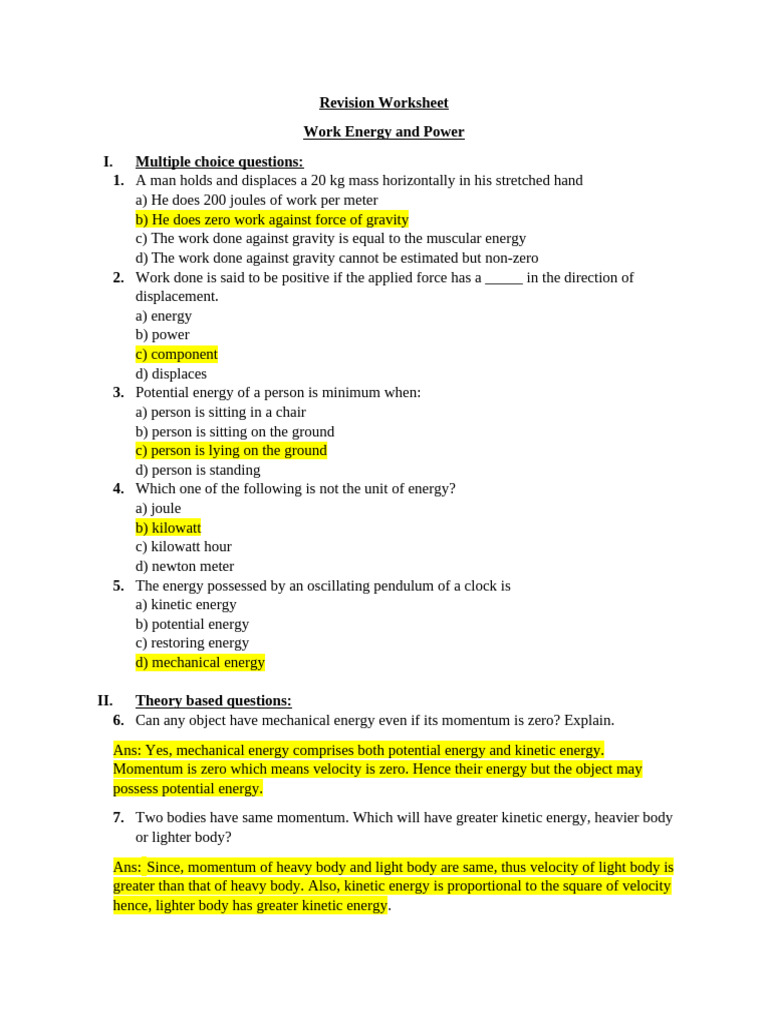 Work, Energy, and Power Worksheet | PDF | Potential Energy | Momentum