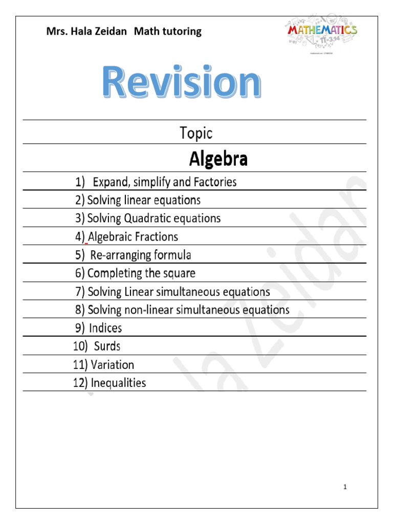 Revision (Algebra 2024-2025) | PDF