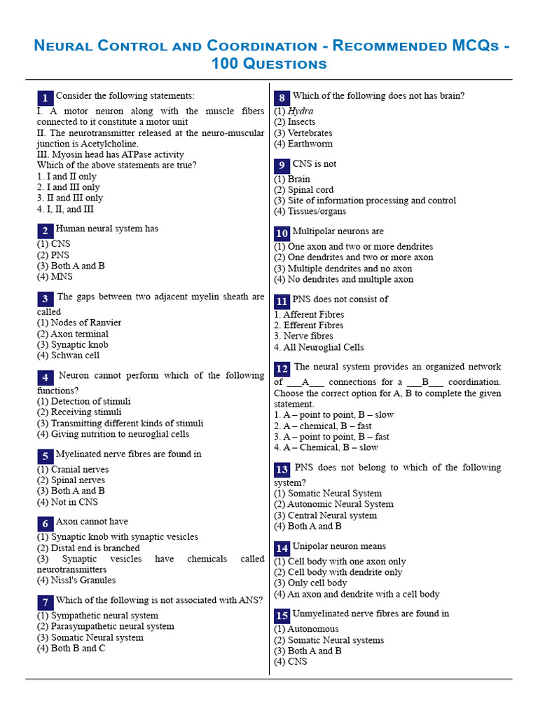 Neural Control and Coordination Recommended MCQs 100 Questions 1 | PDF | Synapse | Action Potential