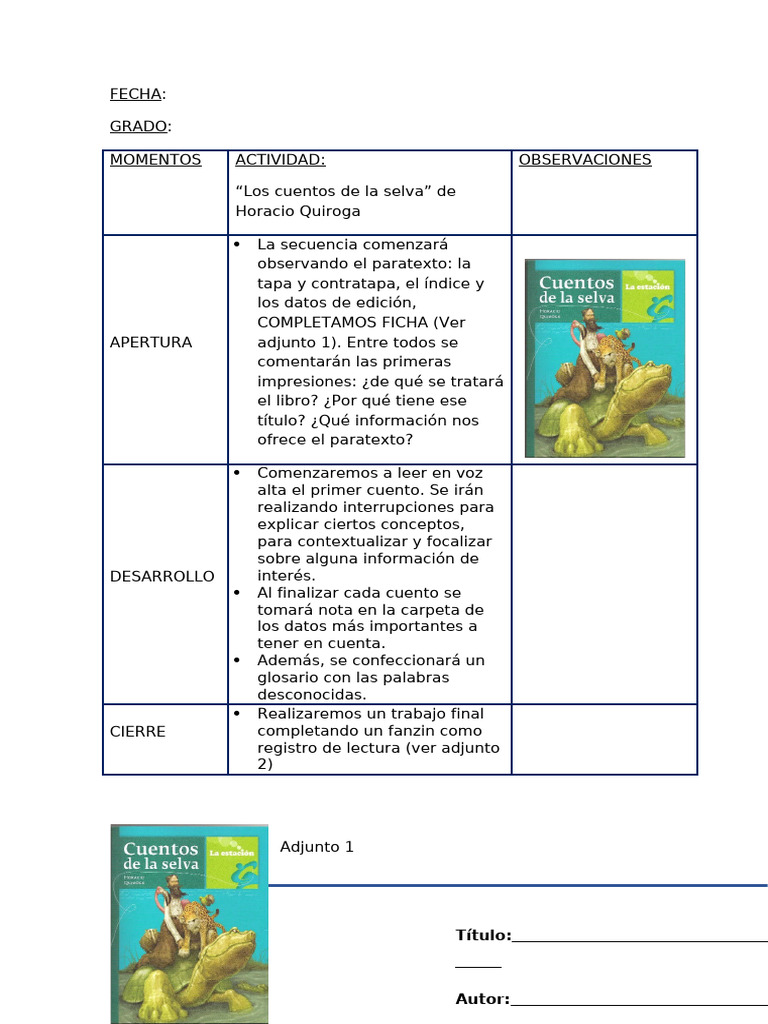 Cuentos de la Selva: Actividades y Resumen | PDF