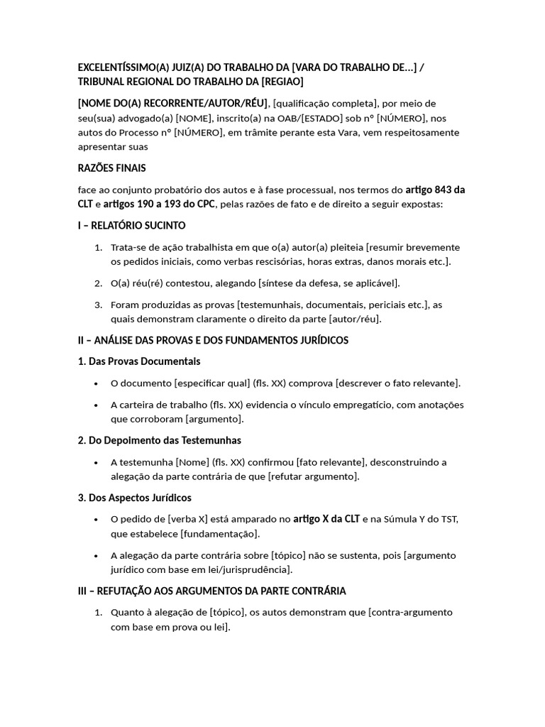 Modelo Petição de Razões Finais Na Forma de Memoriais - Reclamação ...