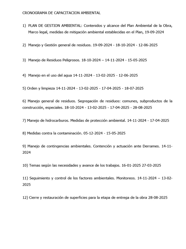 Cronograma de Capacitacion Ambiental | PDF