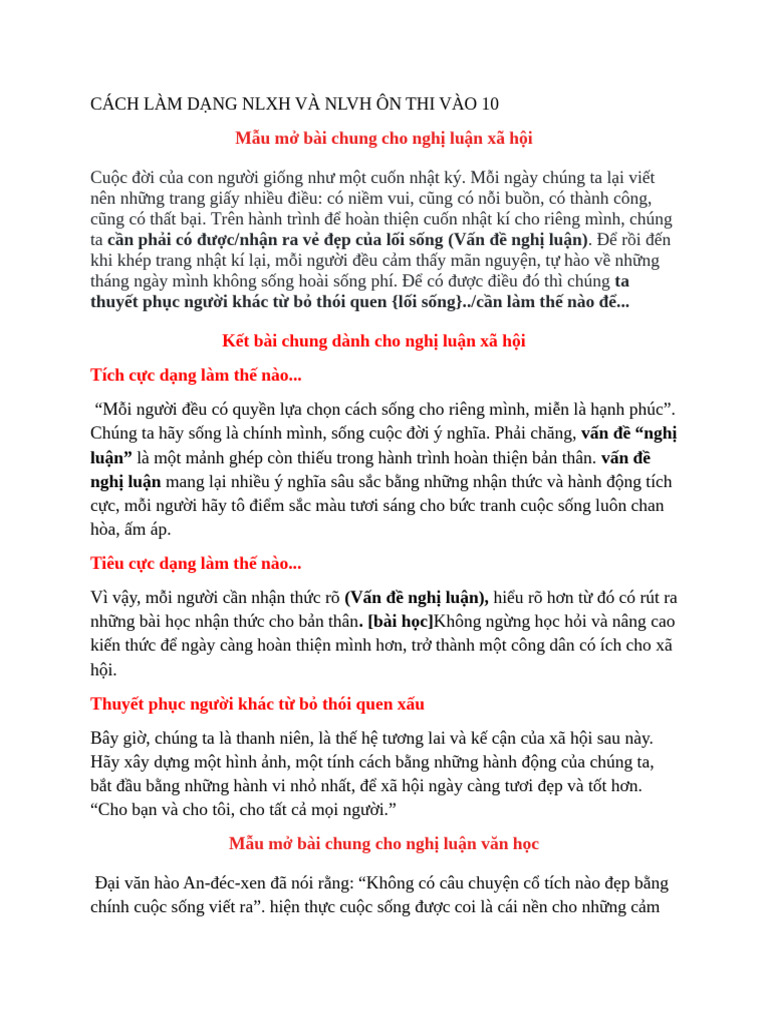 Cách Làm D NG NLXH Và NLVH Ôn Thi Vào 10 | PDF