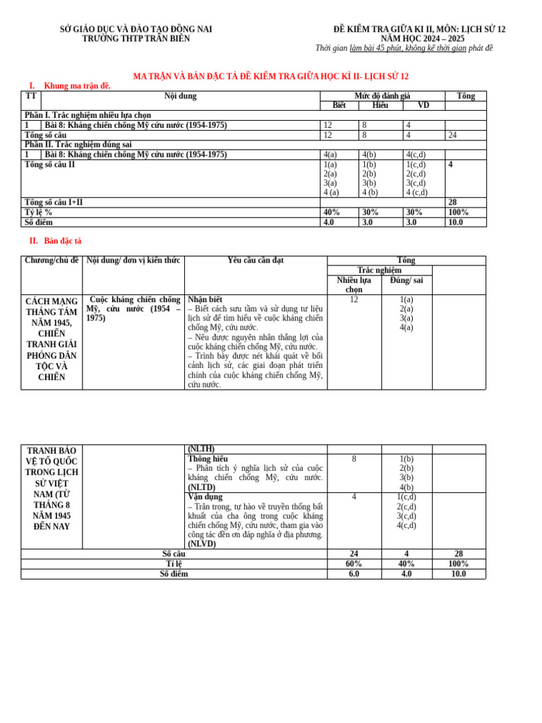 Ma Tran Kiem Tra Giua Ki 2-Khoi 12 | PDF