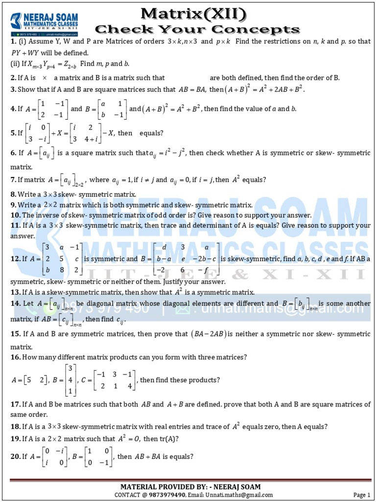 Check Your Concepts of Matrix | PDF | Matrix (Mathematics) | Functions ...