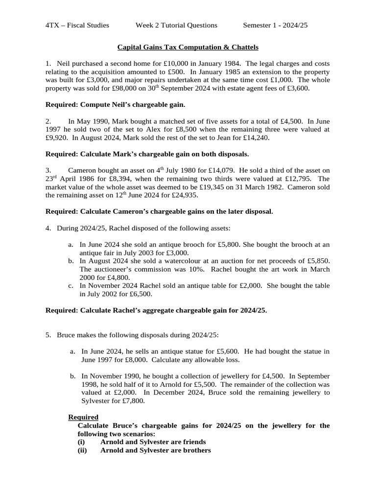 4TX Week 2 tutorial Questions 2024-25 (2) | PDF | Capital Gain | Investing