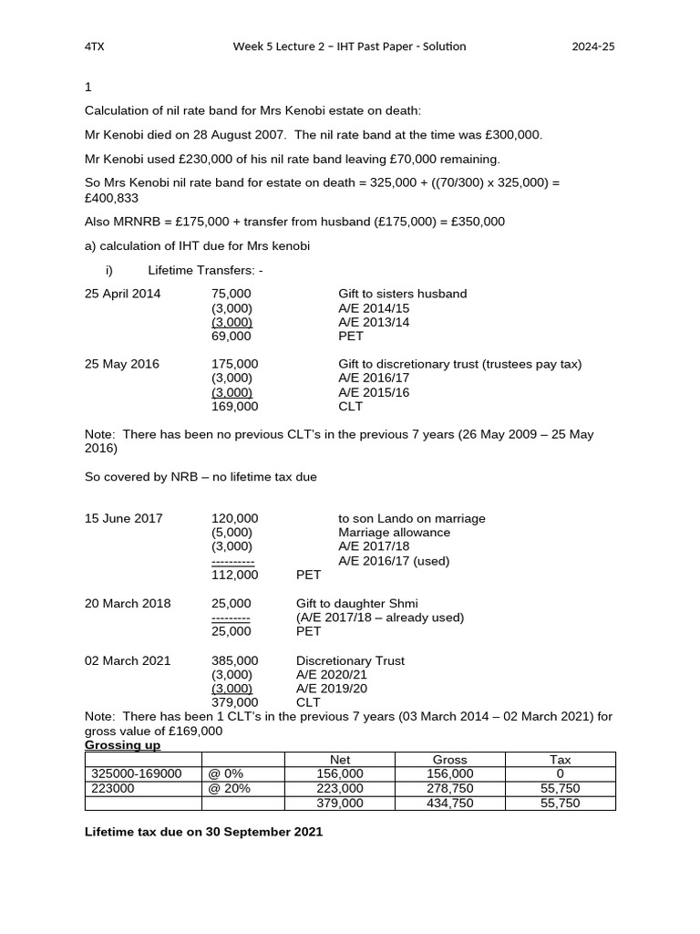 IHT Calculation for Mrs. Kenobi's Estate | PDF | Economies | Payments