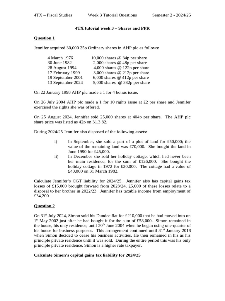 CGT Calculations for 2024/25 Tutorial | PDF | Capital Gains Tax | Money