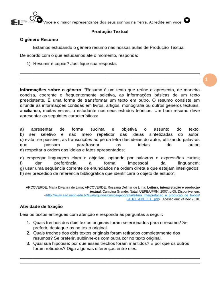 Produção Textual - Ficha Atividade de Resumo | PDF | Cães