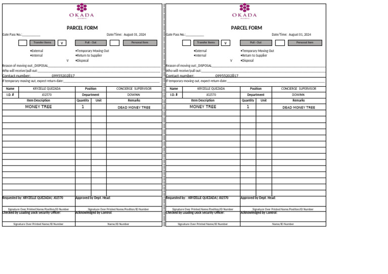 Parcel Form for Item Transfer and Disposal | PDF