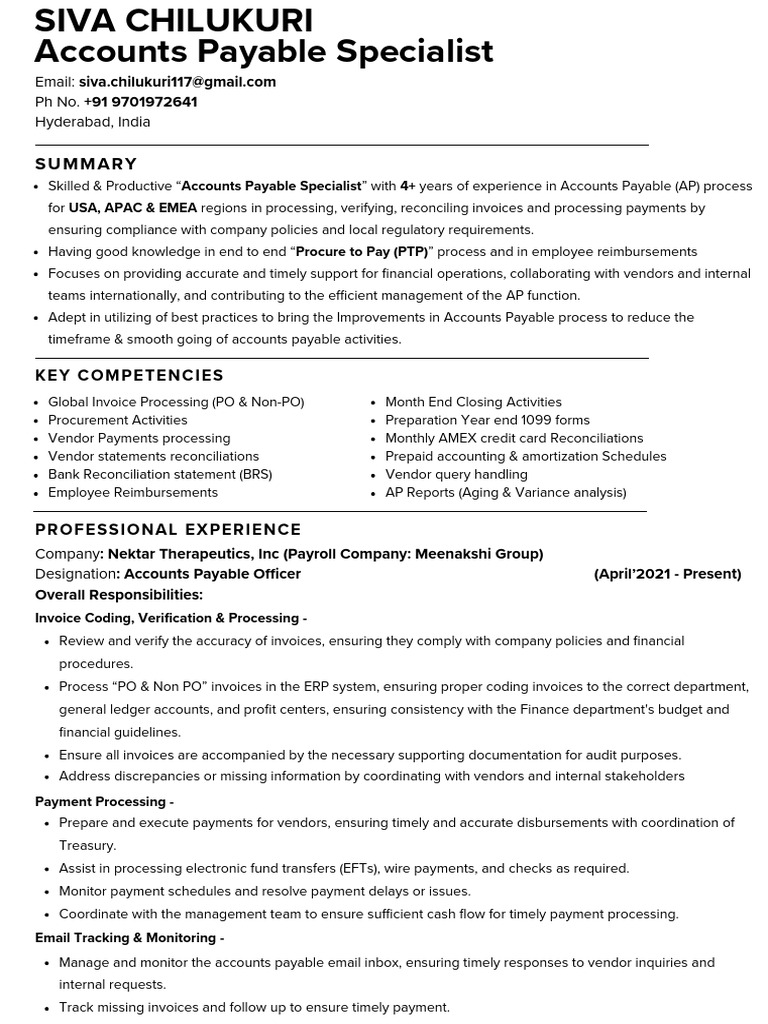 Siva Chilukuri Resume - AP Specialist-2025 | PDF | Accounts Payable | Business