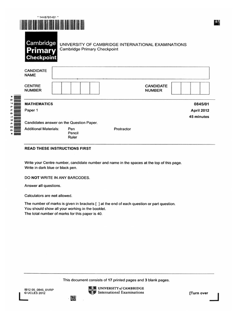 Primary-Checkpoint-Math-0845-April-2012-Paper-1 | PDF