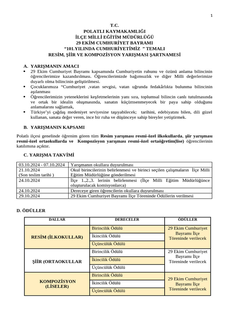 29 Ekim Cumhuriyet Bayrami Yarisma Sartname | PDF