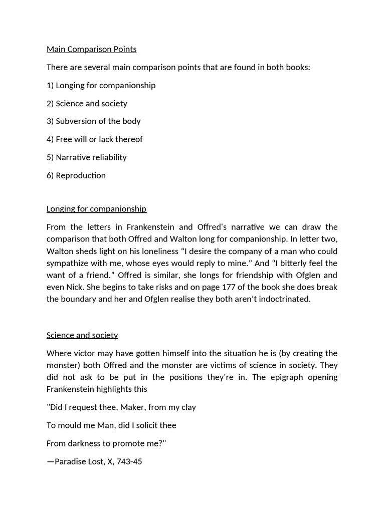 Main Comparison Points | PDF | Frankenstein