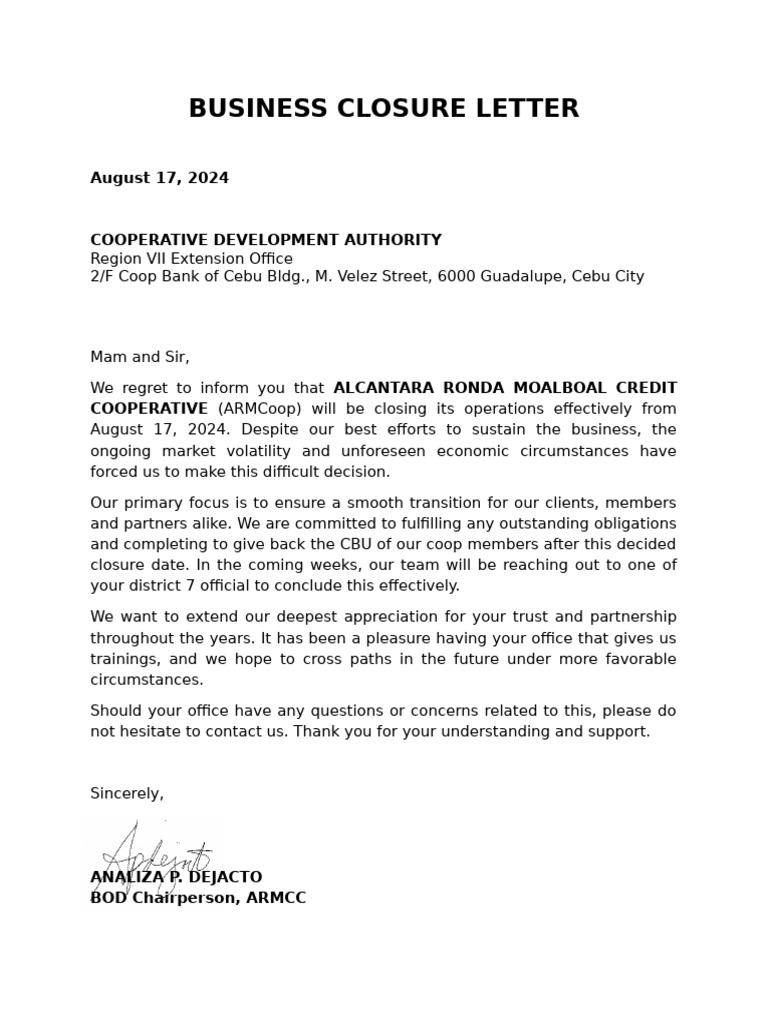 Business Closure Letter | PDF