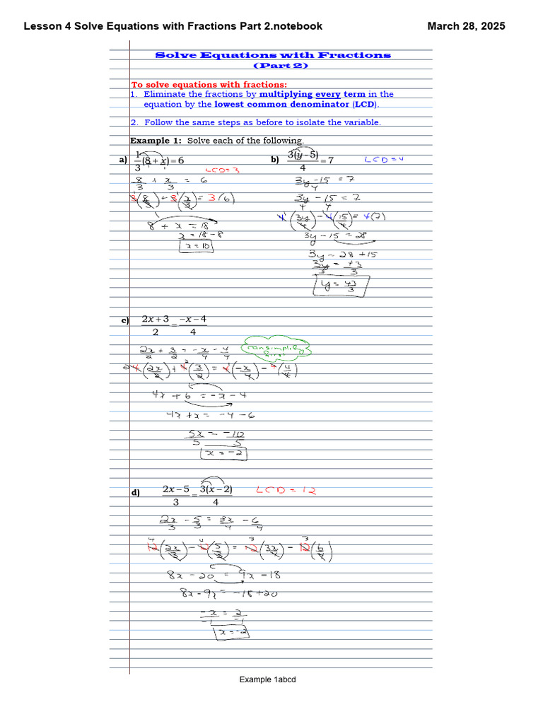 4_ Solve Equations with Fractions Part 2 Lesson Done | PDF
