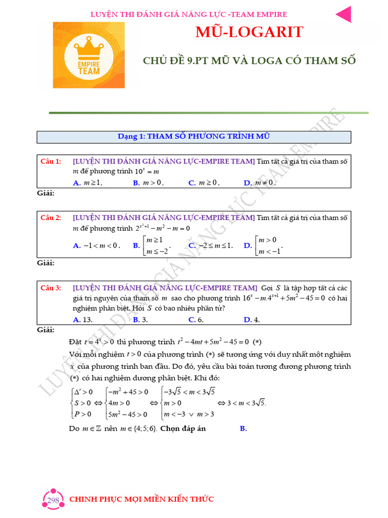 CHỦ ĐỀ 9.PT MŨ VÀ LOGA CÓ THAM SỐ.pdf | PDF
