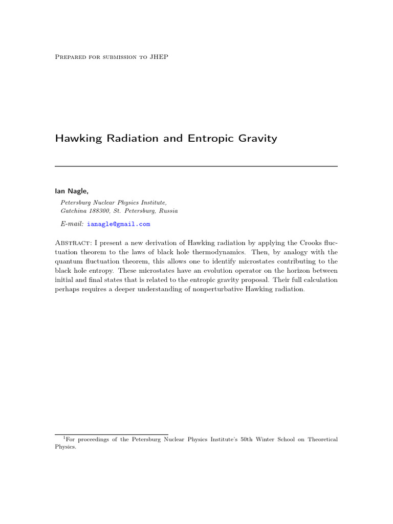 1 Hawking Radiation and Entropic Gravity | PDF | Entropy | Black Hole