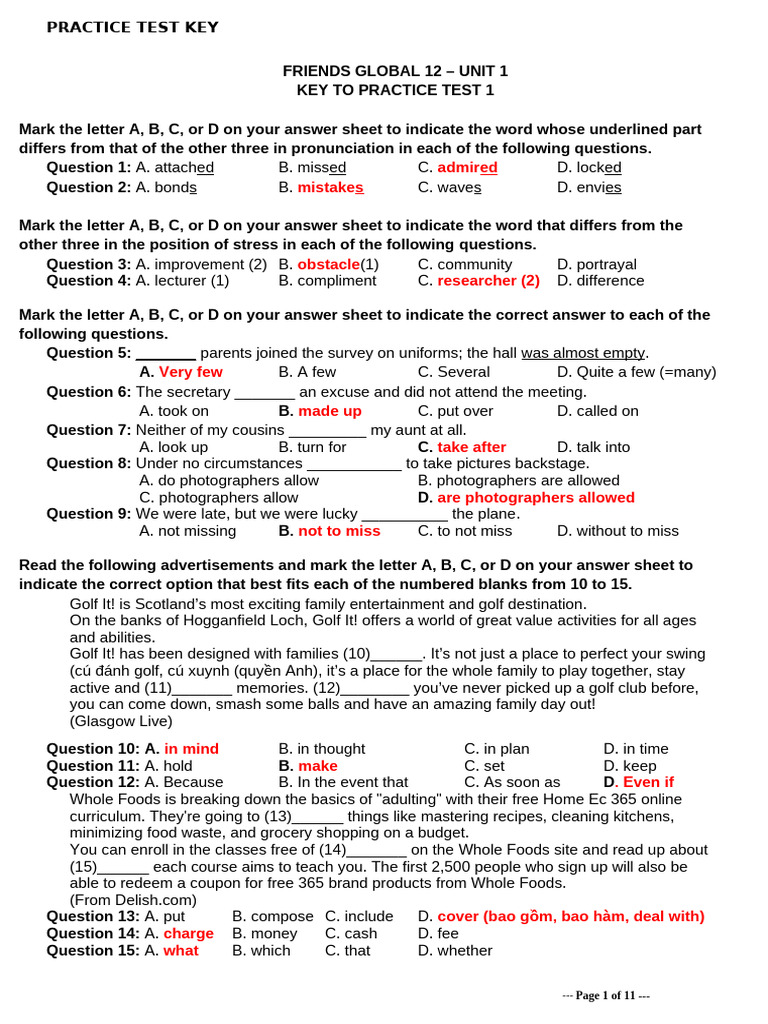 Unit 1 Practice Test Key: Friends Global 12 | PDF