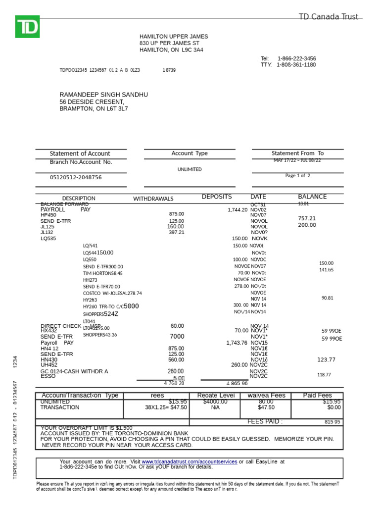 TD Bank Statement | PDF | Banking | Financial Services