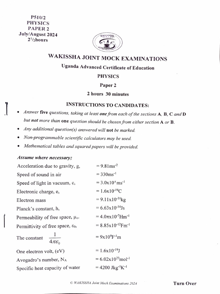 WAKISHA JOINT MOCK EXAMINATION UACE PHYSICS PAPER 2 2024 (1) (1) | PDF